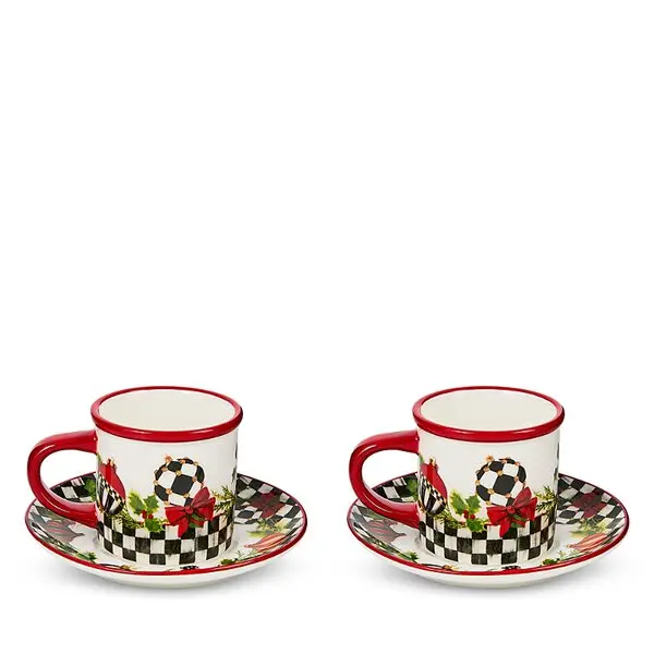 MACKENZIE-CHILDS Courtly Flower Market Stoneware Espresso Cup & Saucer, Set Of 2 - Christmas Check