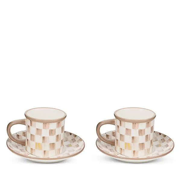 MACKENZIE-CHILDS Courtly Flower Market Stoneware Espresso Cup & Saucer, Set Of 2 - Mocha Check