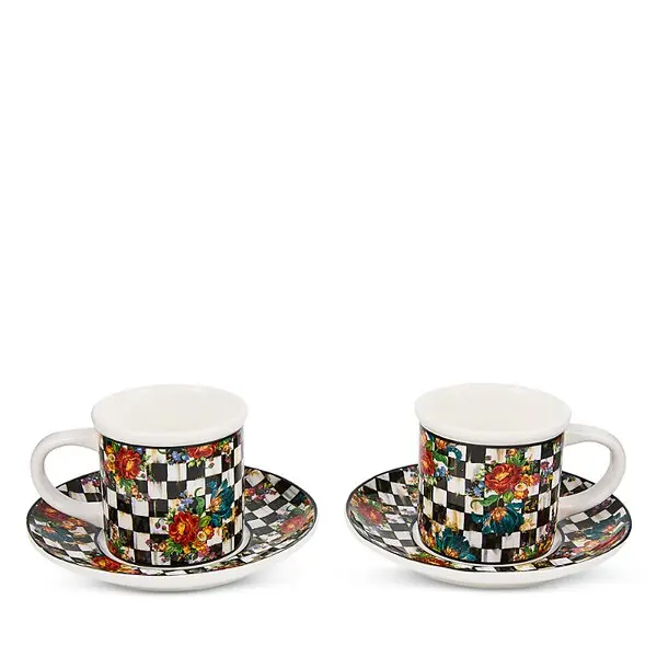 MACKENZIE-CHILDS Courtly Flower Market Stoneware Espresso Cup & Saucer, Set Of 2 - Multi Check