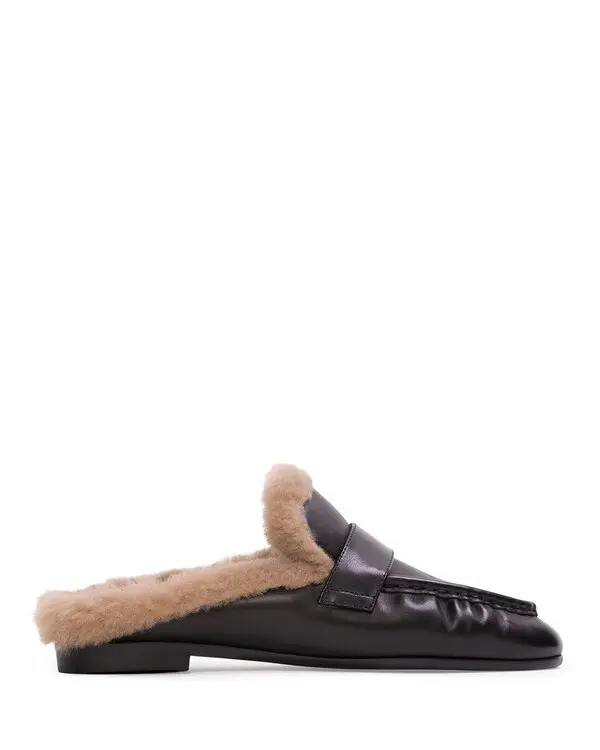 BLACK SUEDE STUDIO Classic Shearling Mule Loafers - Black Leather