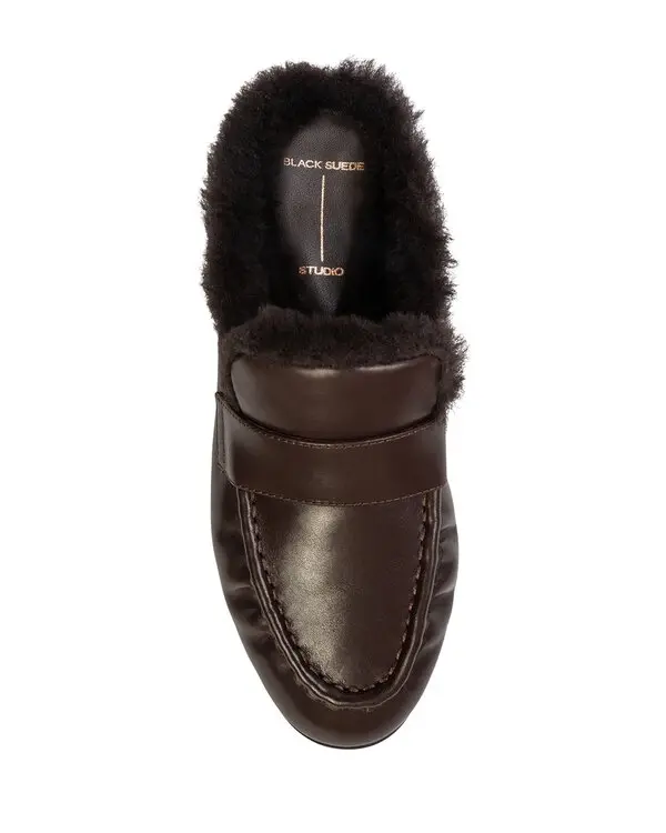 BLACK SUEDE STUDIO Classic Shearling Mule Loafers - Chocolate