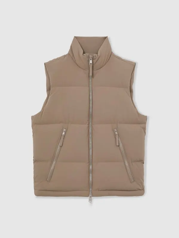 REISS Quilted Zip-through Puffer Gilet - Light Camel Brown