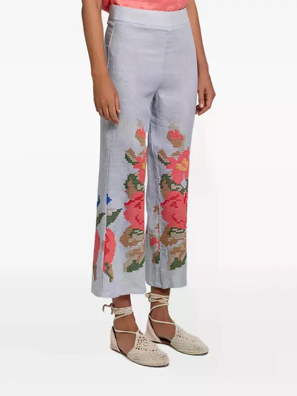 Greek Archaic Kori Floral-embroidered Trousers - Grey