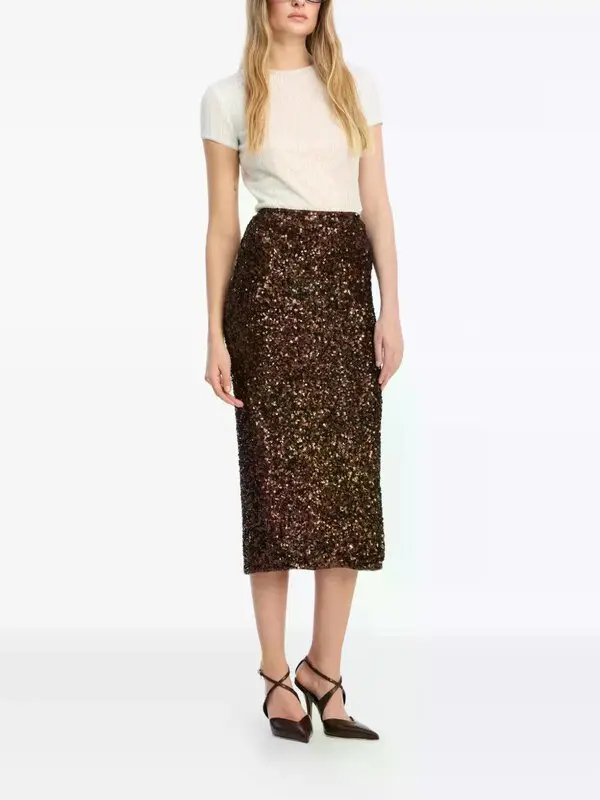 ROTATE BY BIRGER CHRISTENSEN Sequin-embellished Midi Pencil Skirt - Brown