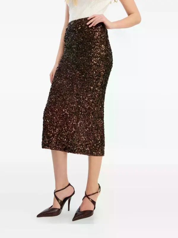 ROTATE BY BIRGER CHRISTENSEN Sequin-embellished Midi Pencil Skirt - Brown