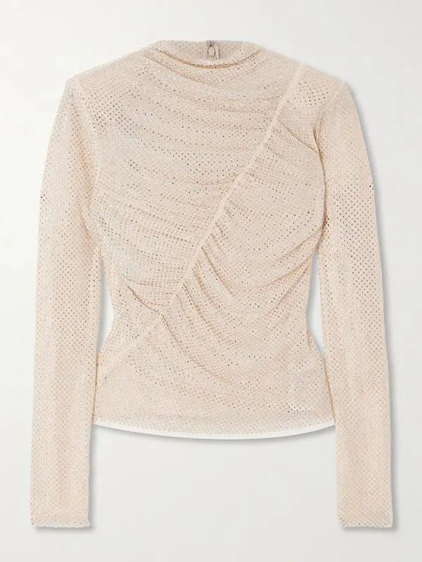 SELF-PORTRAIT Ruched Crystal-embellished Jersey Blouse - Neutrals
