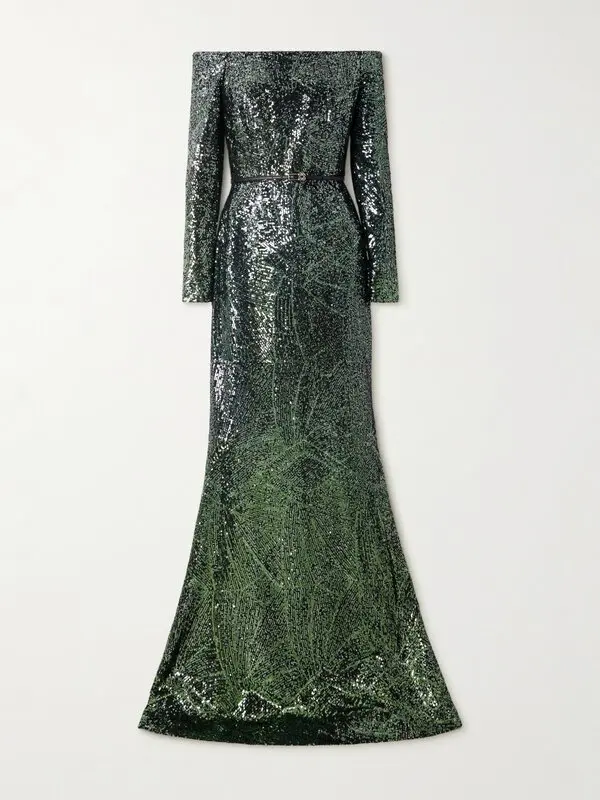 Elie Saab Off-the-shoulder Belted Sequined Silk-blend Gown