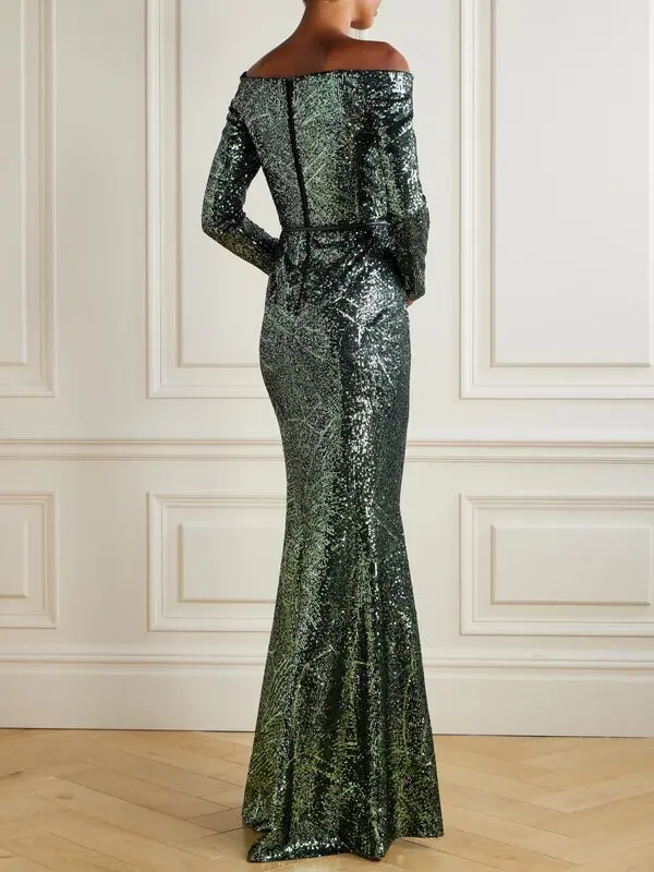 Elie Saab Off-the-shoulder Belted Sequined Silk-blend Gown