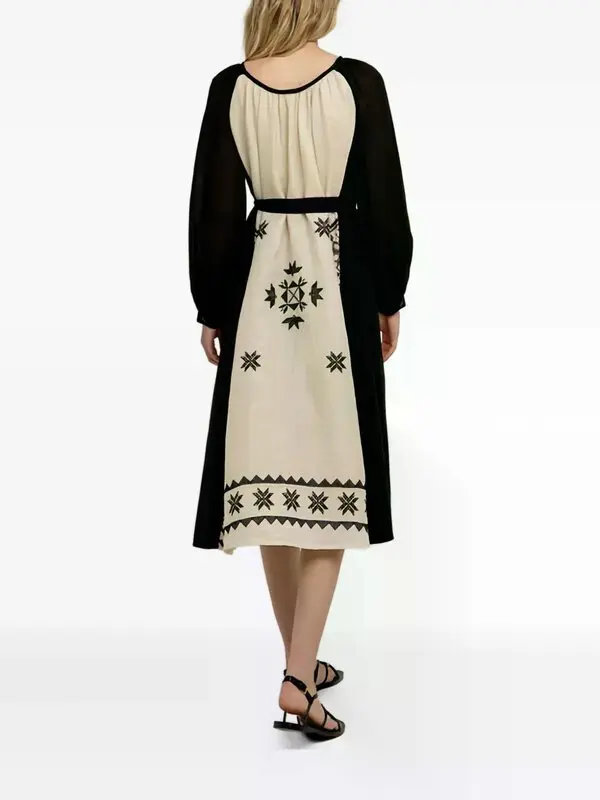 Greek Archaic Kori Geometric-Pattern Long-Sleeve Midi Dress - Neutrals |  Editorialist