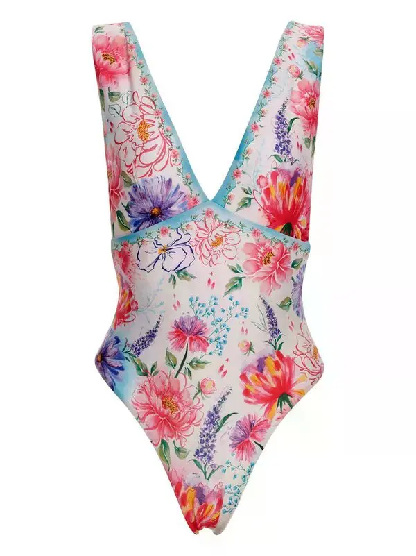 Agua Bendita Tulipa Floral-print V-neck Swimsuit - Blue