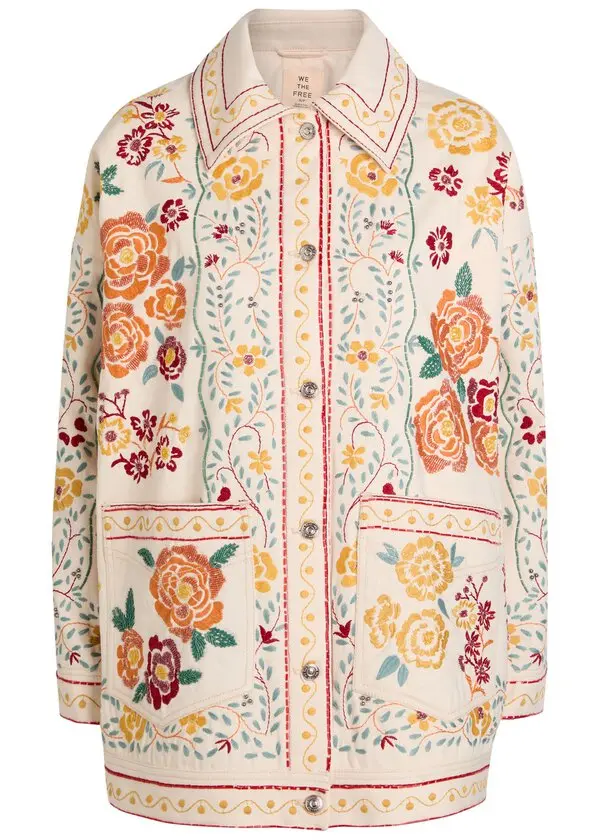 Free People Avery Floral-embroidered Denim Jacket - White