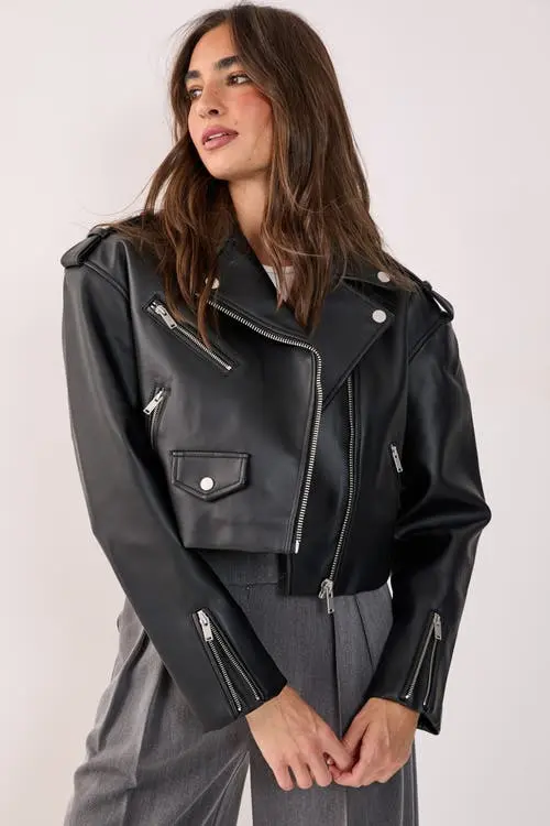 Nasty Gal Faux Leather Boxy Biker Jacket - Black