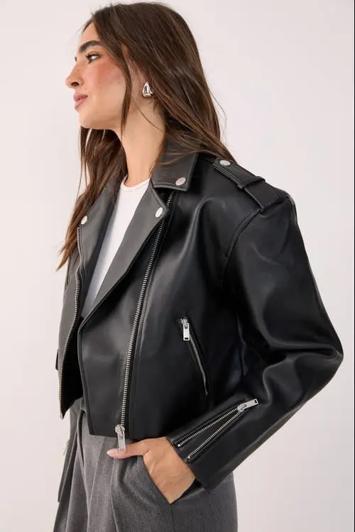 Nasty Gal Faux Leather Boxy Biker Jacket - Black