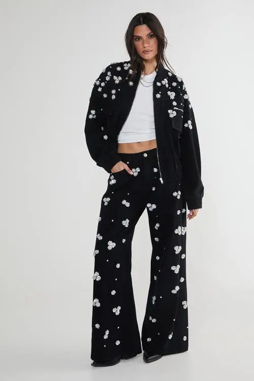 Nasty Gal Embellished Floral Appliqué Denim Jacket