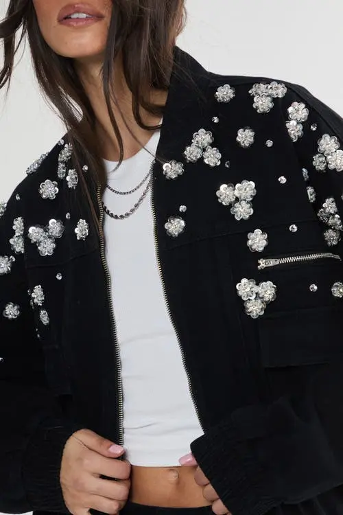 Nasty Gal Embellished Floral Appliqué Denim Jacket