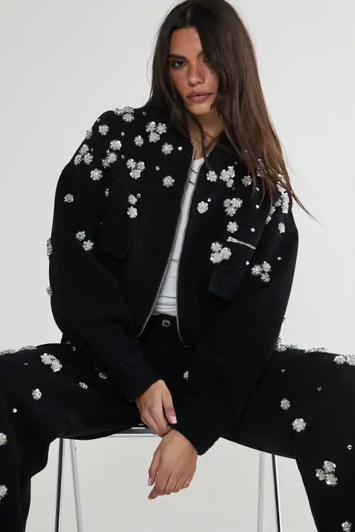 Nasty Gal Embellished Floral Appliqué Denim Jacket