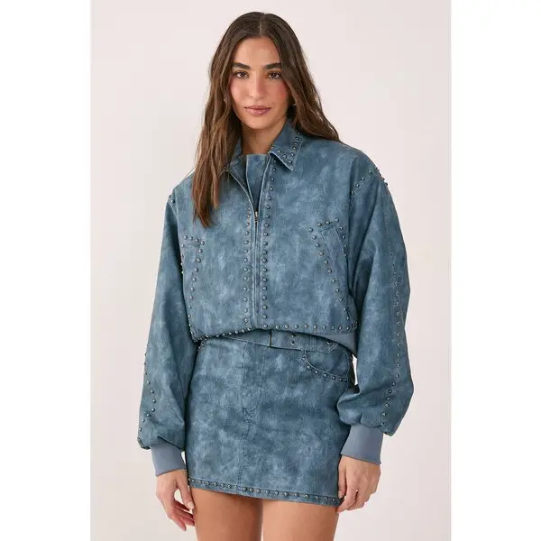 Nasty Gal Leather Studded Cropped Bomber Jacket - Blue