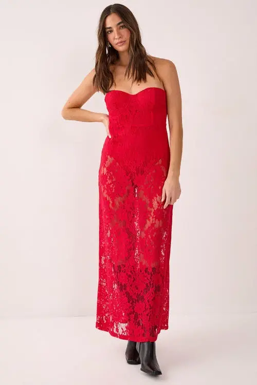 Nasty Gal Lace Bandeau Sheer Maxi Dress - Red