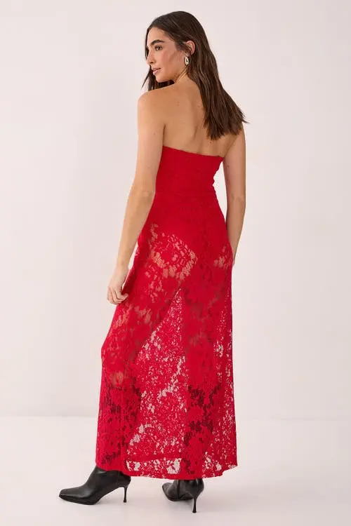 Nasty Gal Lace Bandeau Sheer Maxi Dress - Red