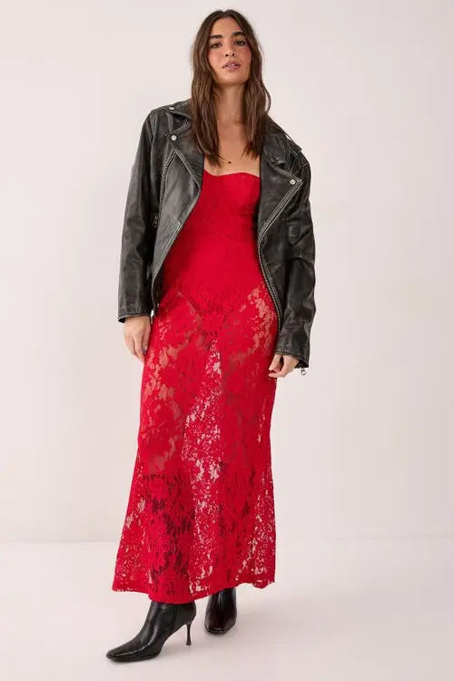 Nasty Gal Lace Bandeau Sheer Maxi Dress - Red