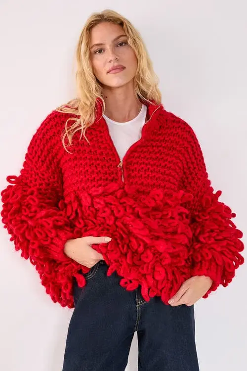 Nasty Gal Loopy Quarter Zip Sweater With Textured Sleeves