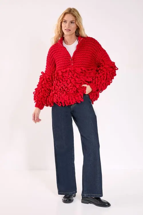 Nasty Gal Loopy Quarter Zip Sweater With Textured Sleeves