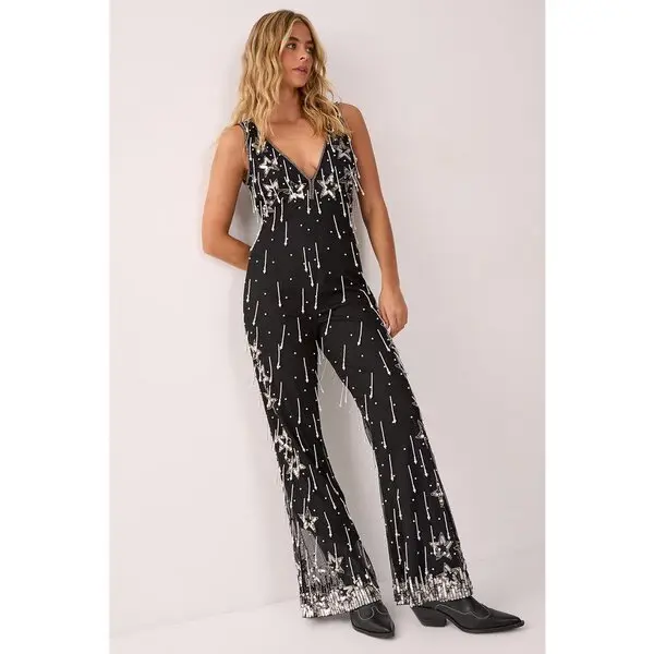 Nasty Gal Sequin And Pearl Droplet Embellished Jumpsuit - Black