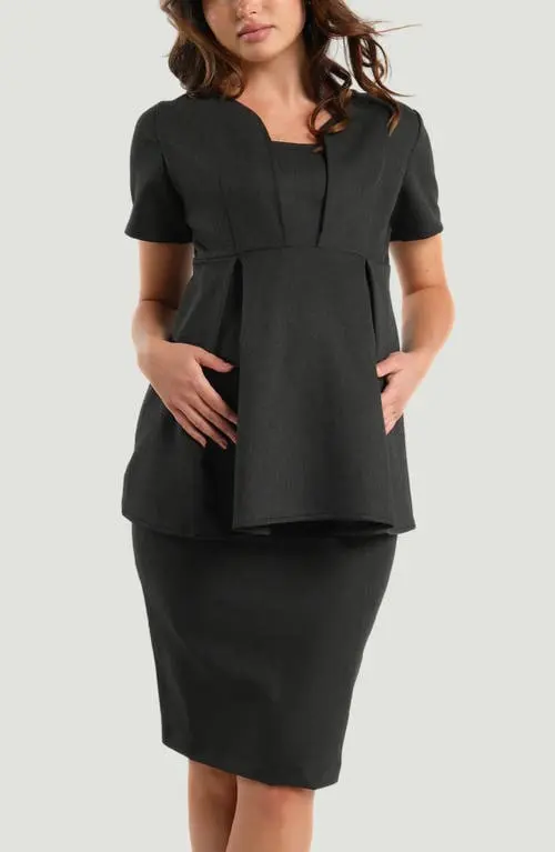 MARION Petite Short Sleeve Empire Waist Maternity & Nursing Suit Top In Italian Stretch Fabric - Charcoal Grey