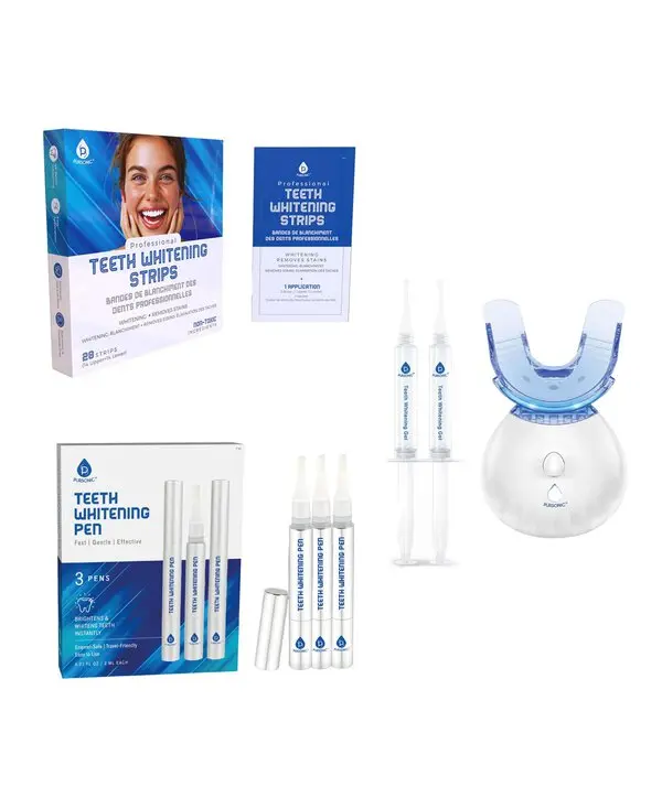PURSONIC Complete Smile Whitening Bundle – Led Whitening Kit + Whitening Pens + Professional Whitening Strips - White