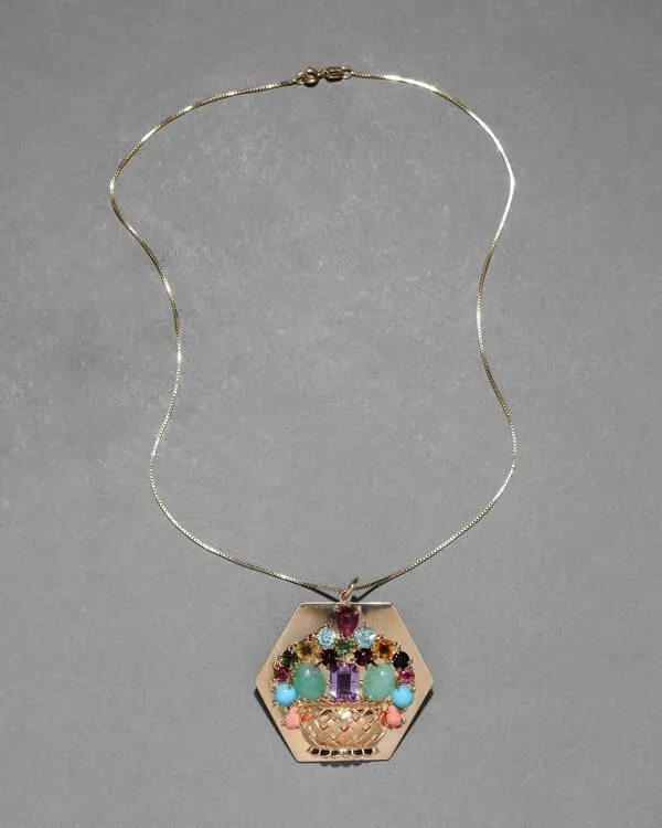 Alexis Bittar Vintage 1940s 14k Gemstone Basket Pendant Necklace - Gold