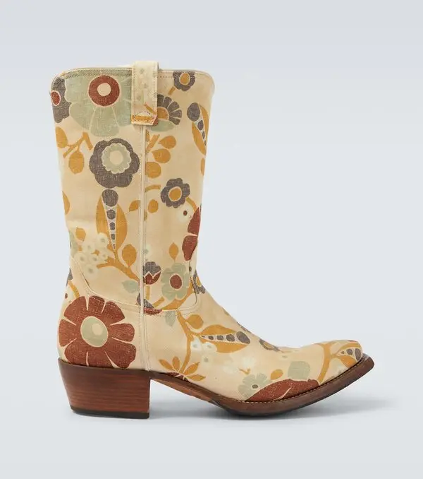 Prada Floral Canvas Cowboy Boots - Beige