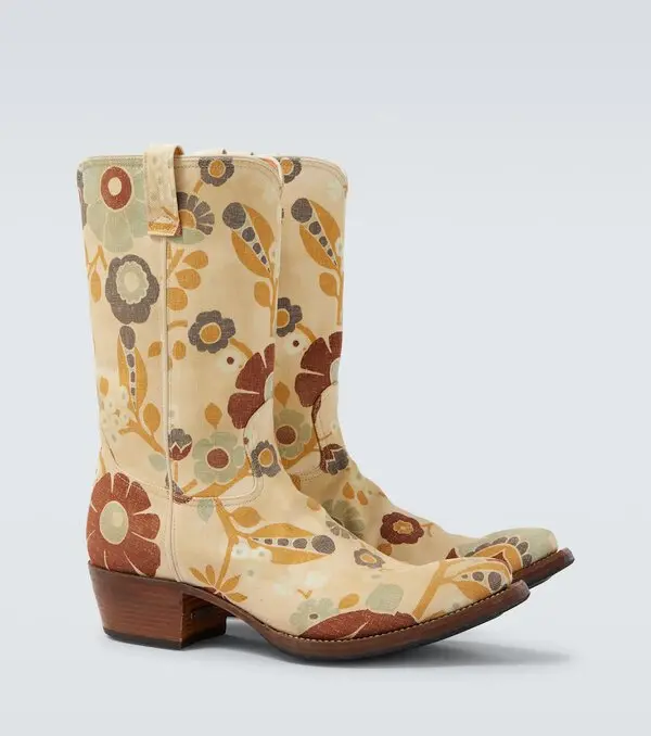 Prada Floral Canvas Cowboy Boots - Beige