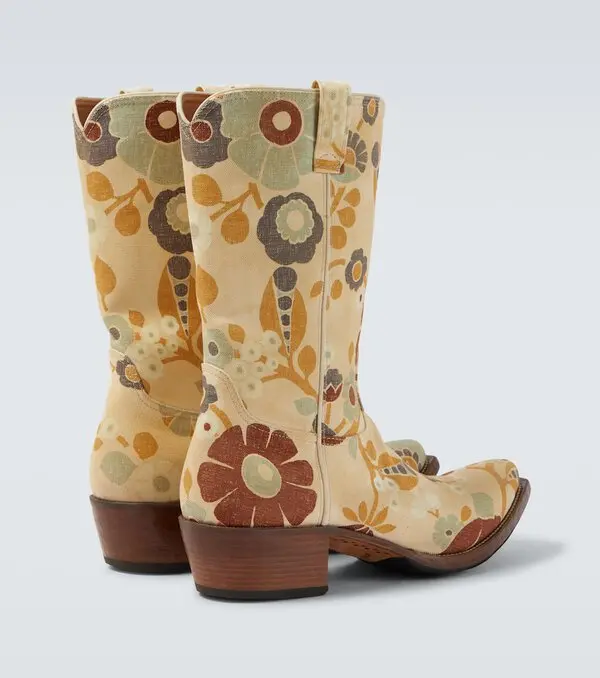 Prada Floral Canvas Cowboy Boots - Beige
