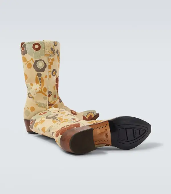 Prada Floral Canvas Cowboy Boots - Beige