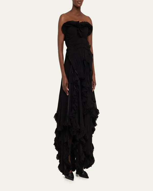 Alexander McQueen Strapless Draped Ruffle Silk Georgette Gown