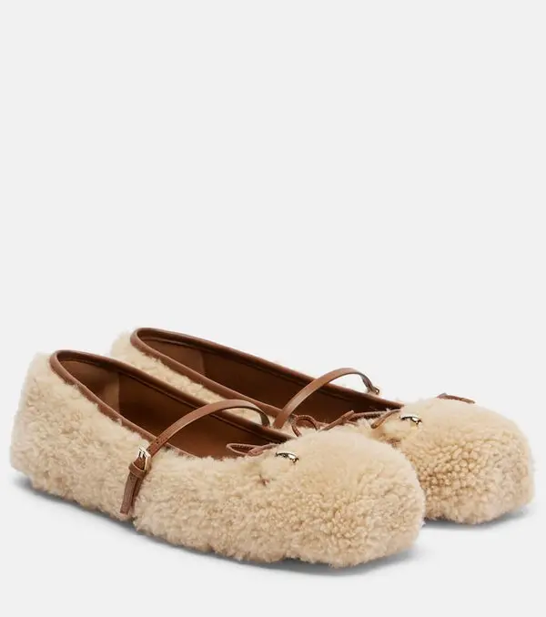 Gucci Horsebit Shearling Ballet Flats - Beige