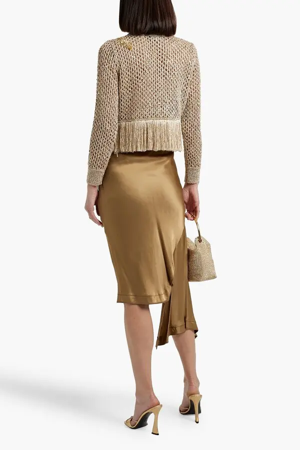 Oscar De La Renta Cropped Fringed Metallic Open-knit Top