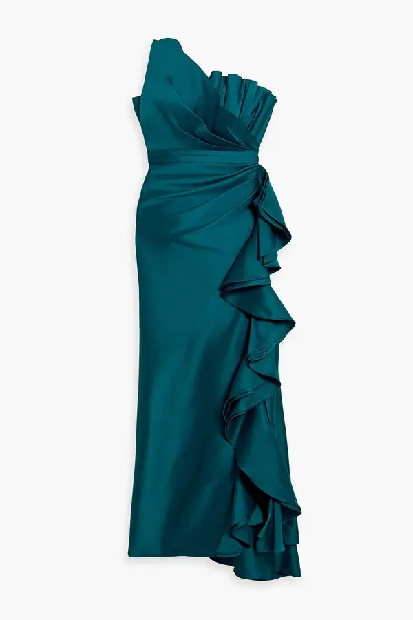 Badgley Mischka Strapless Ruffled Satin-twill Gown