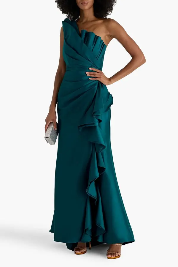 Badgley Mischka Strapless Ruffled Satin-twill Gown
