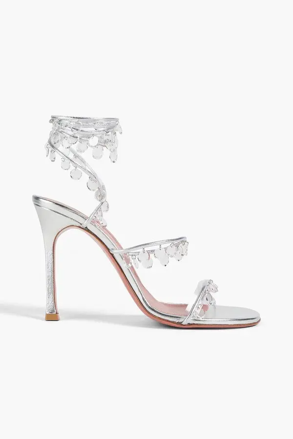 Amina Muaddi Tina Crystal-embellished Metallic Leather Sandals - Silver