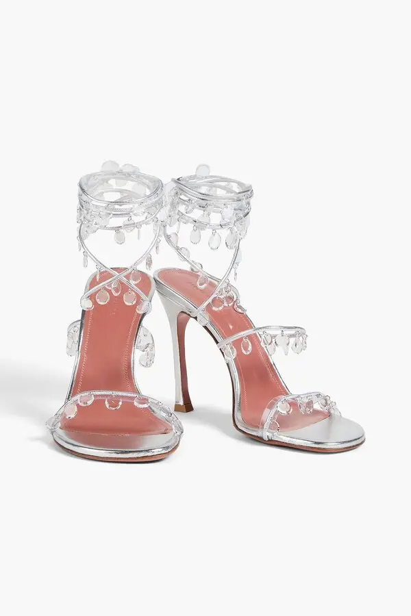 Amina Muaddi Tina Crystal-embellished Metallic Leather Sandals - Silver