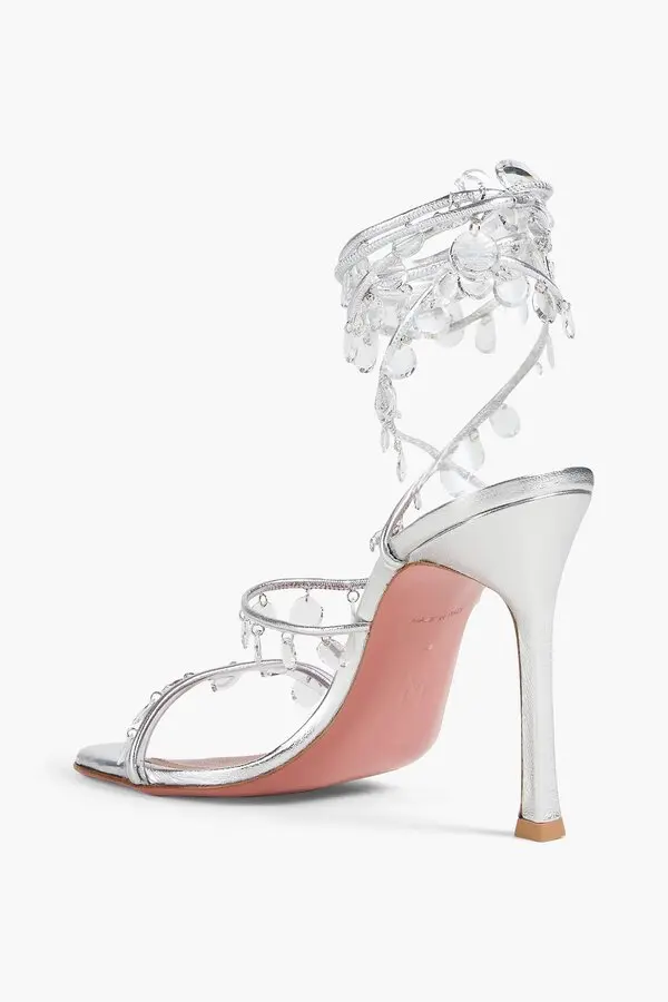 Amina Muaddi Tina Crystal-embellished Metallic Leather Sandals - Silver