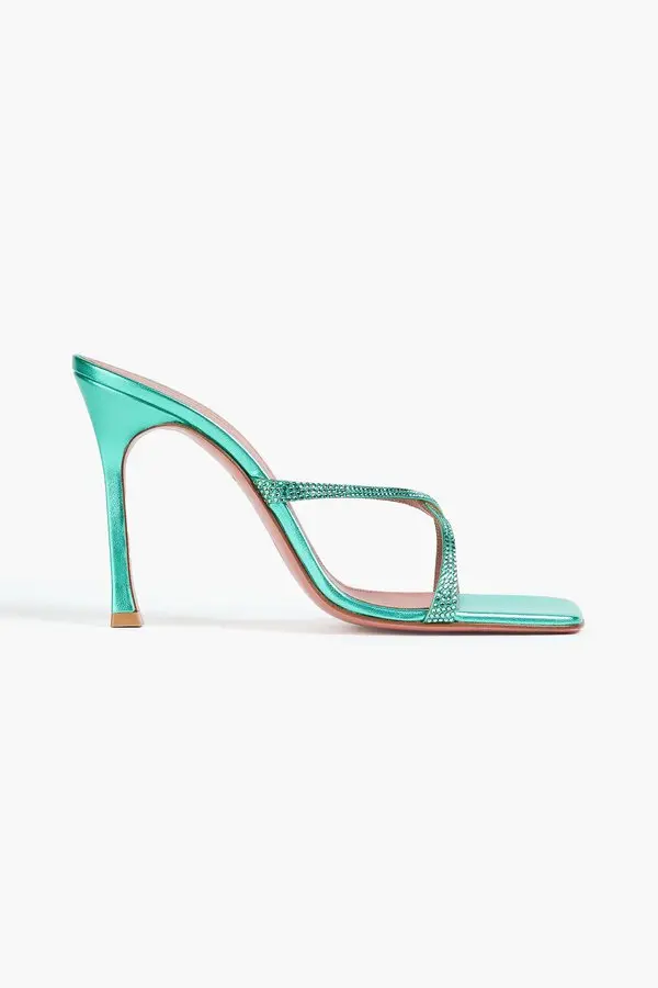 Amina Muaddi Adriana Crystal-embellished Metallic Leather Mules - Mint