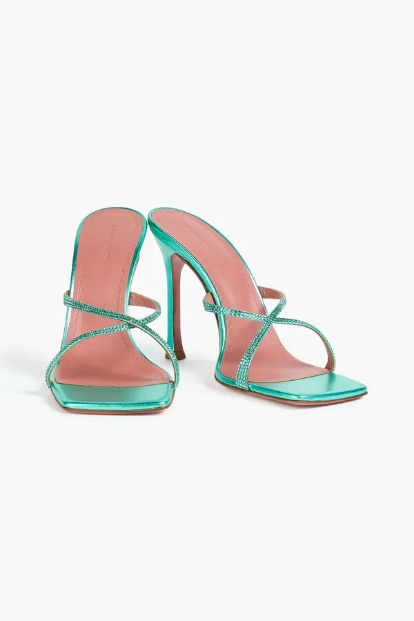 Amina Muaddi Adriana Crystal-embellished Metallic Leather Mules - Mint