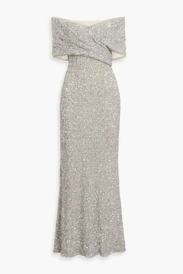 Badgley Mischka Off-the-shoulder Draped Sequined Gown