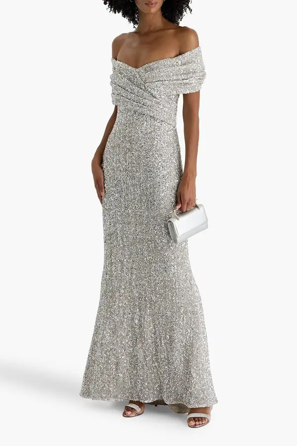 Badgley Mischka Off-the-shoulder Draped Sequined Gown