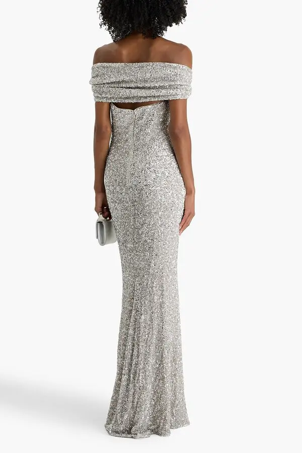 Badgley Mischka Off-the-shoulder Draped Sequined Gown