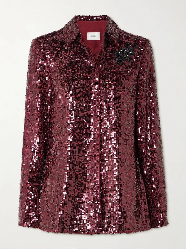 Erdem Crystal-embellished Sequined Shirt - Red