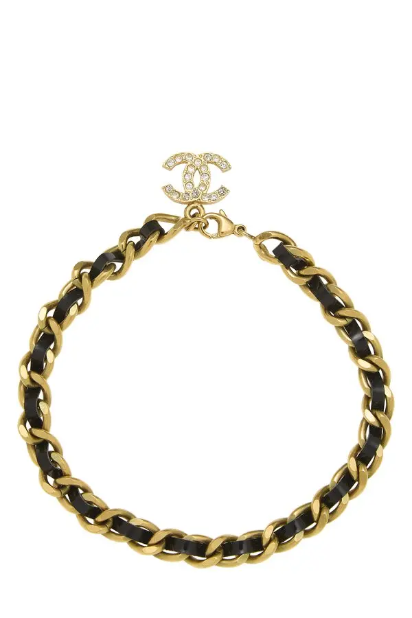 Chanel Leather And Crystal 'cc' Anklet - Gold