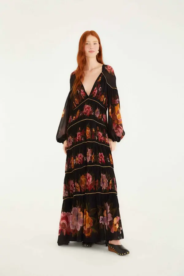 Farm Rio Floral Chenille Long Sleeve Midi Dress - Chenille Flowers Black |  Editorialist